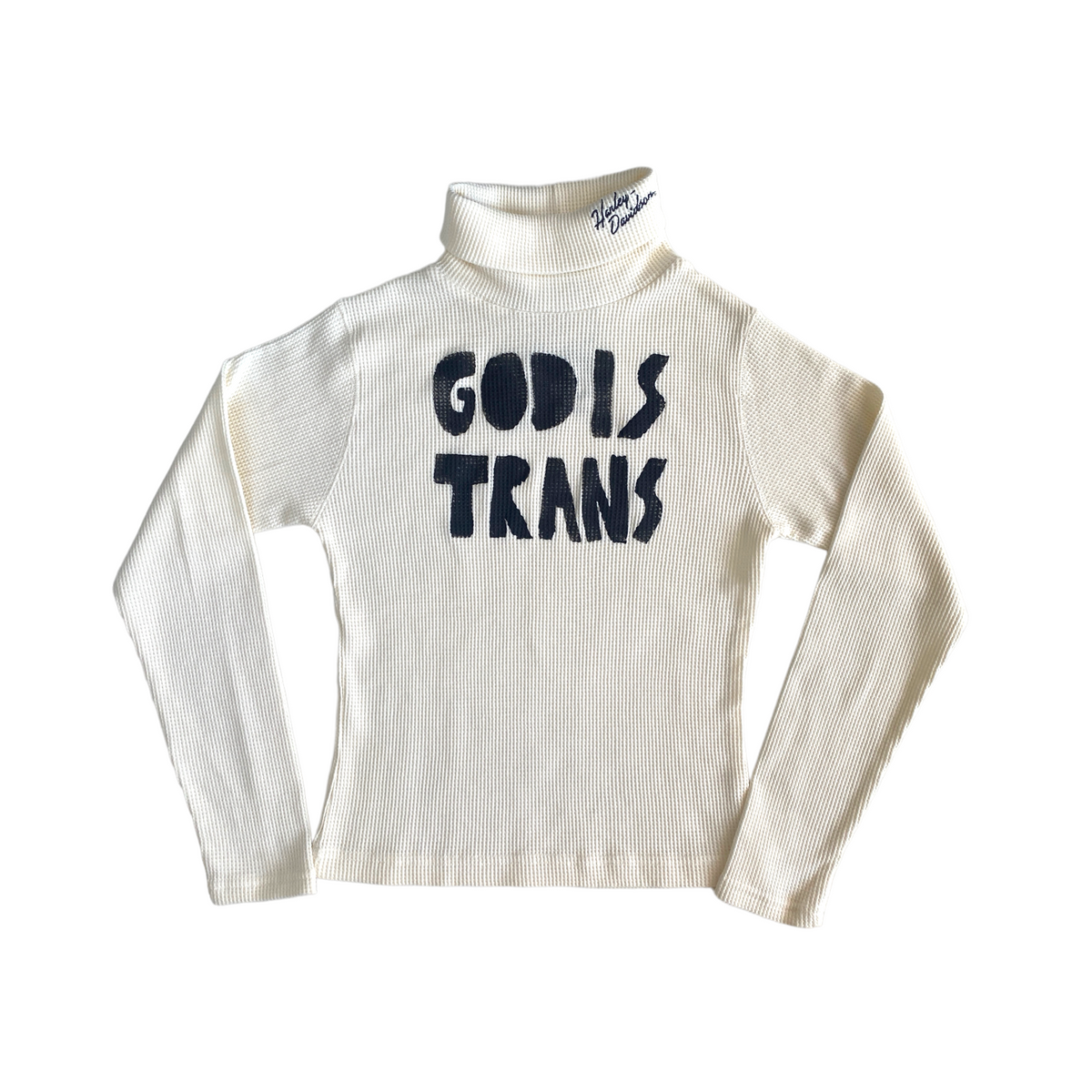 GOD IS TRANS painted waffle turtleneck – OFFICIAL REBRAND
